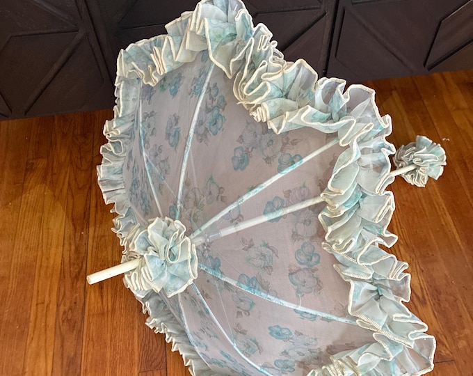 Vintage Blue Silk Floral Parasol Umbrella With Frilly Ruffle Trim ...