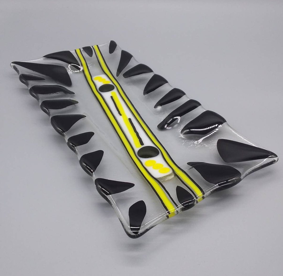 Modern Glass Fused Bent Art Tray-contemporary Fused Art-black-yellow ...