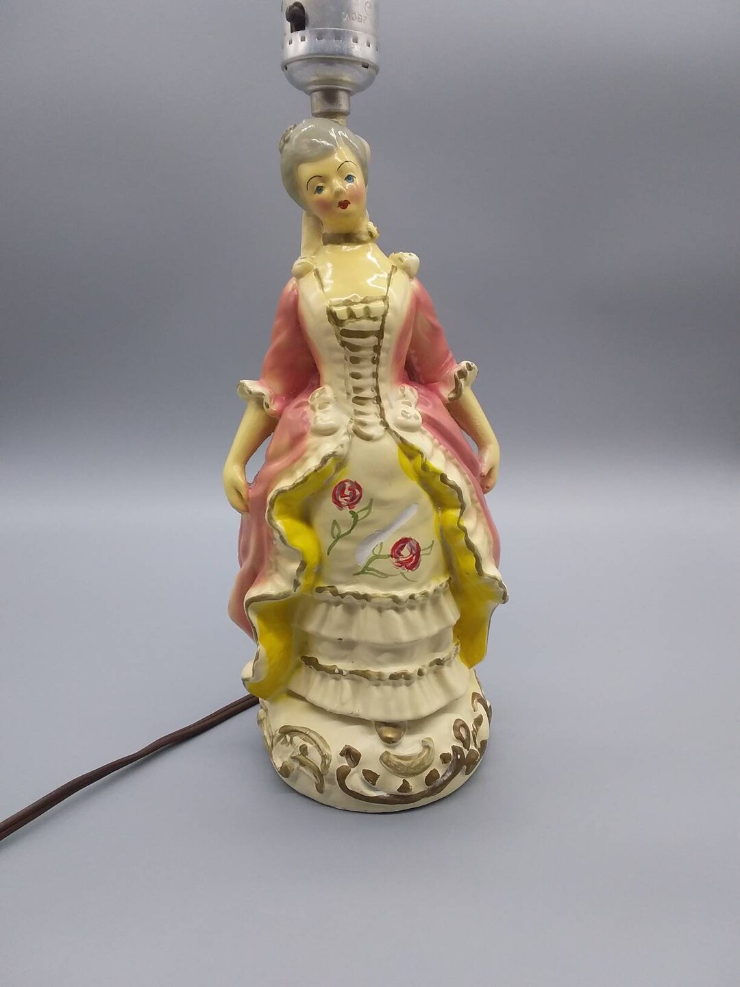 Vintage Chalkware Colonial Lady Table Lamp-pink Flowing Dress With ...