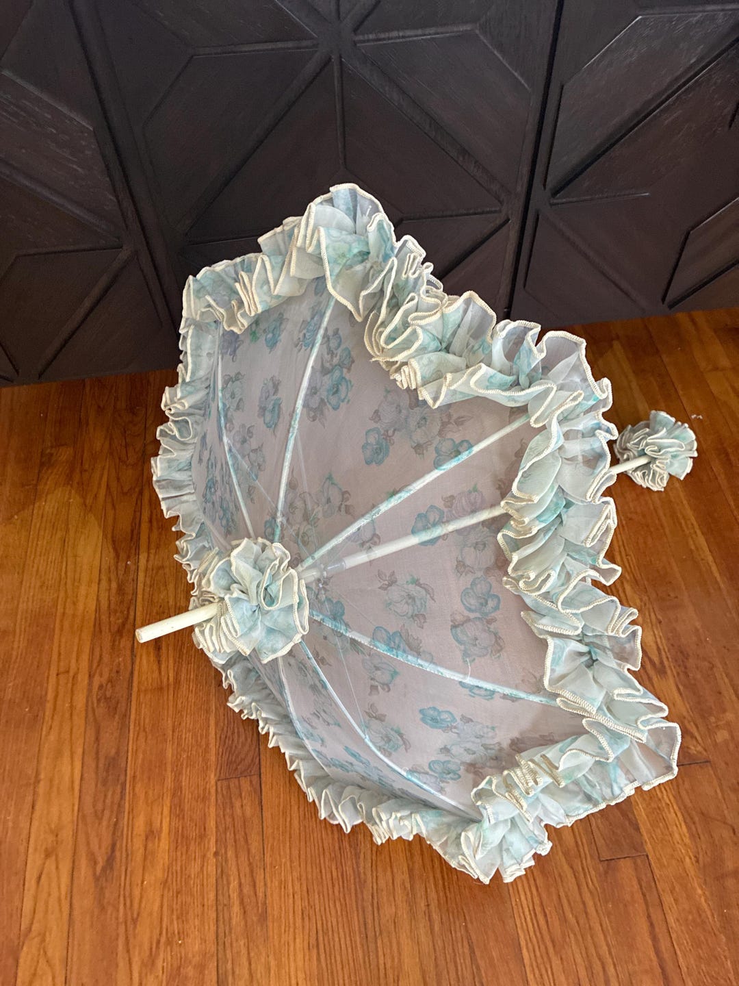 Vintage Blue Silk Floral Parasol Umbrella With Frilly Ruffle Trim ...