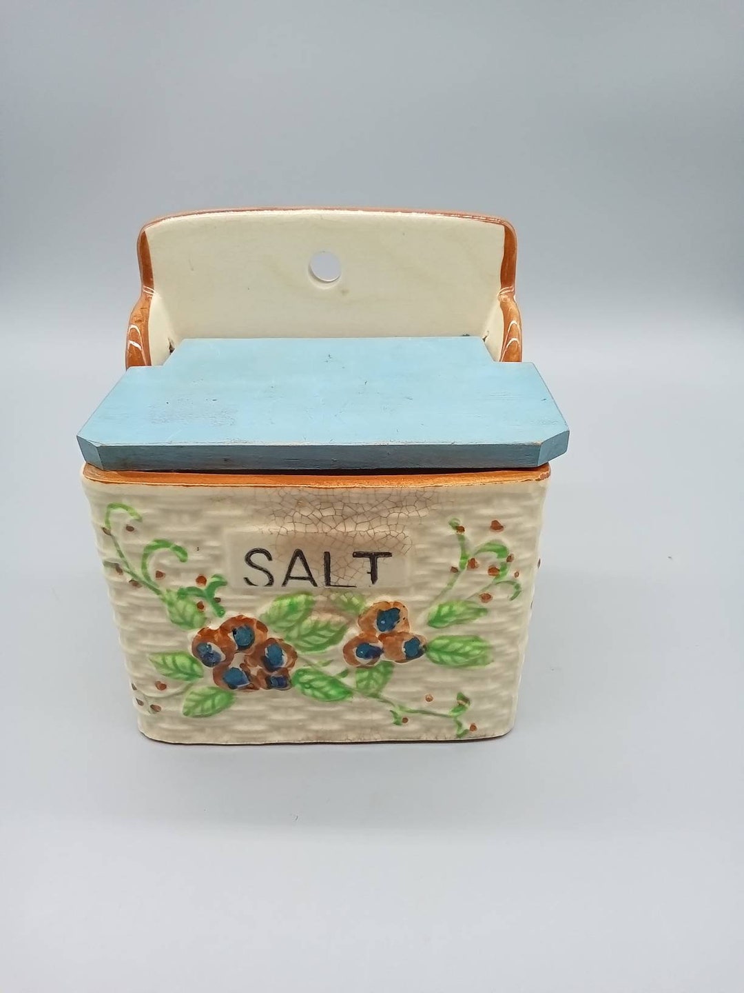 Antique Salt Cellar Basketweave Floral Wall Mount With Wood Lid ...