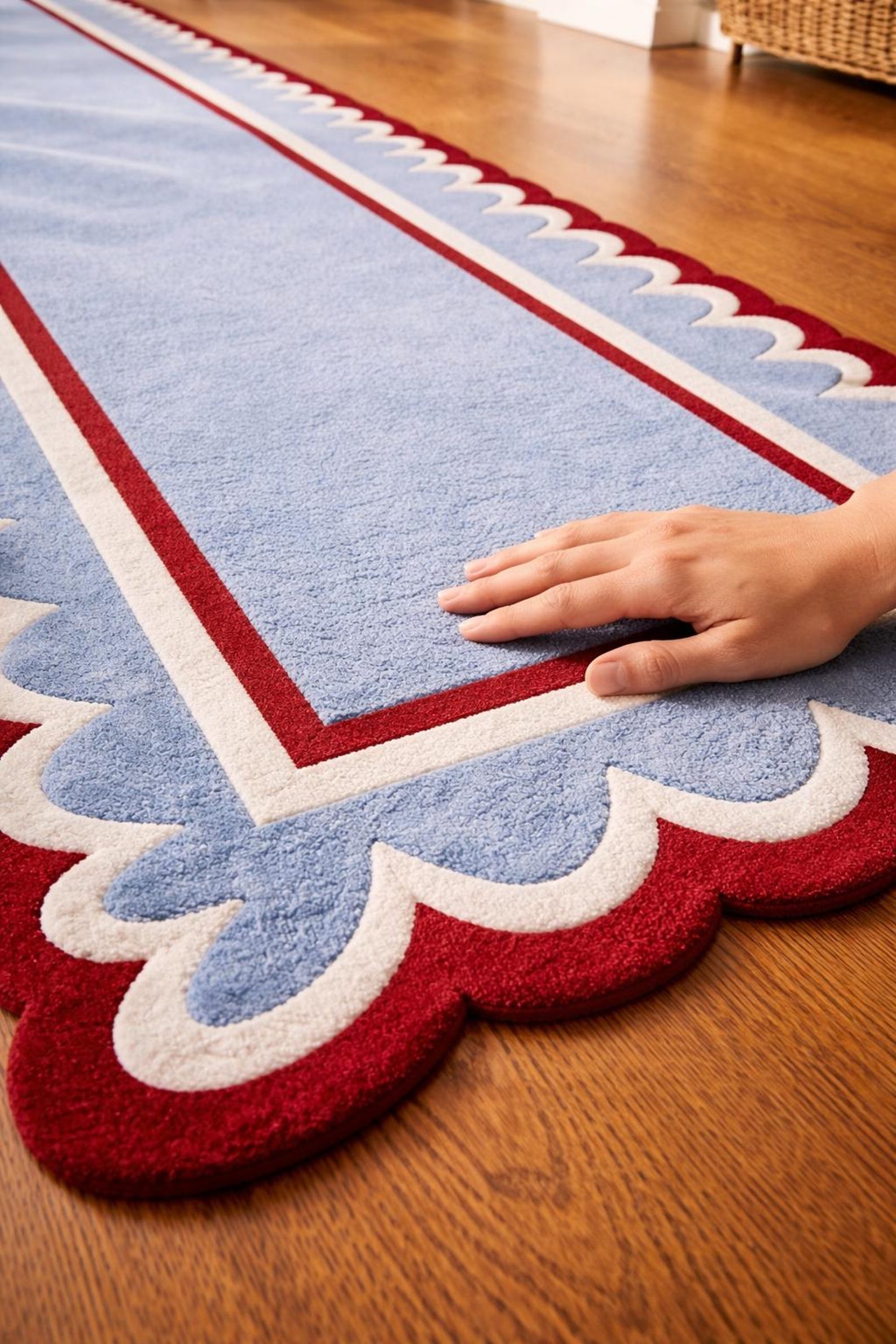 Hand Tufted Stair Runner Rug, Blue Wool Runner With Scalloped Border ...