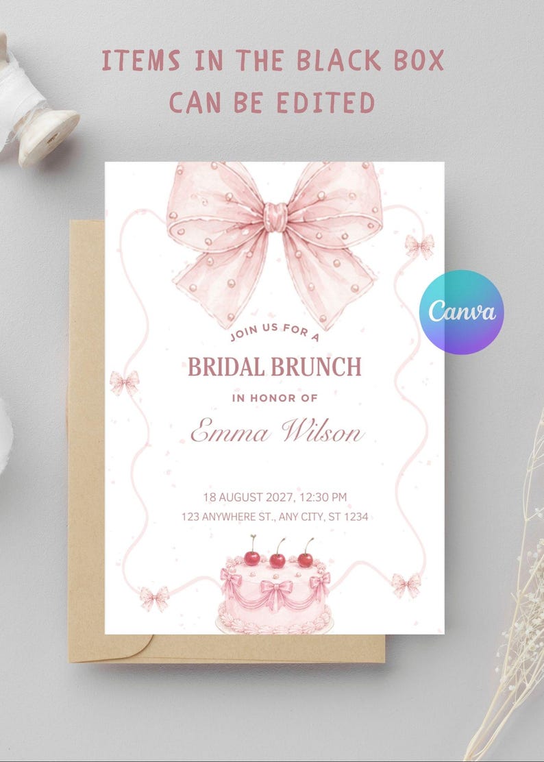 Coquette Bridal Brunch Invitation Canva Template, Pink Bow Cherry Cake ...