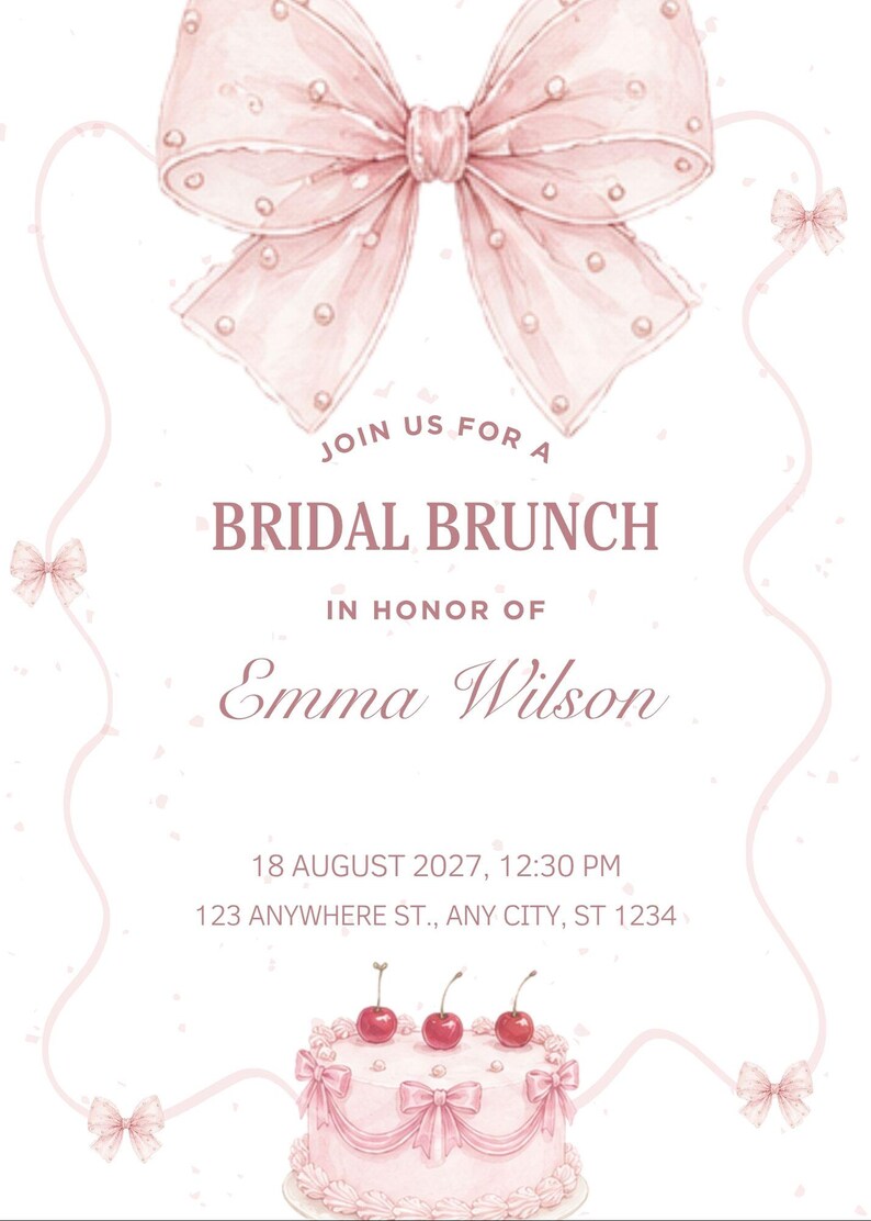 Coquette Bridal Brunch Invitation Canva Template, Pink Bow Cherry Cake ...