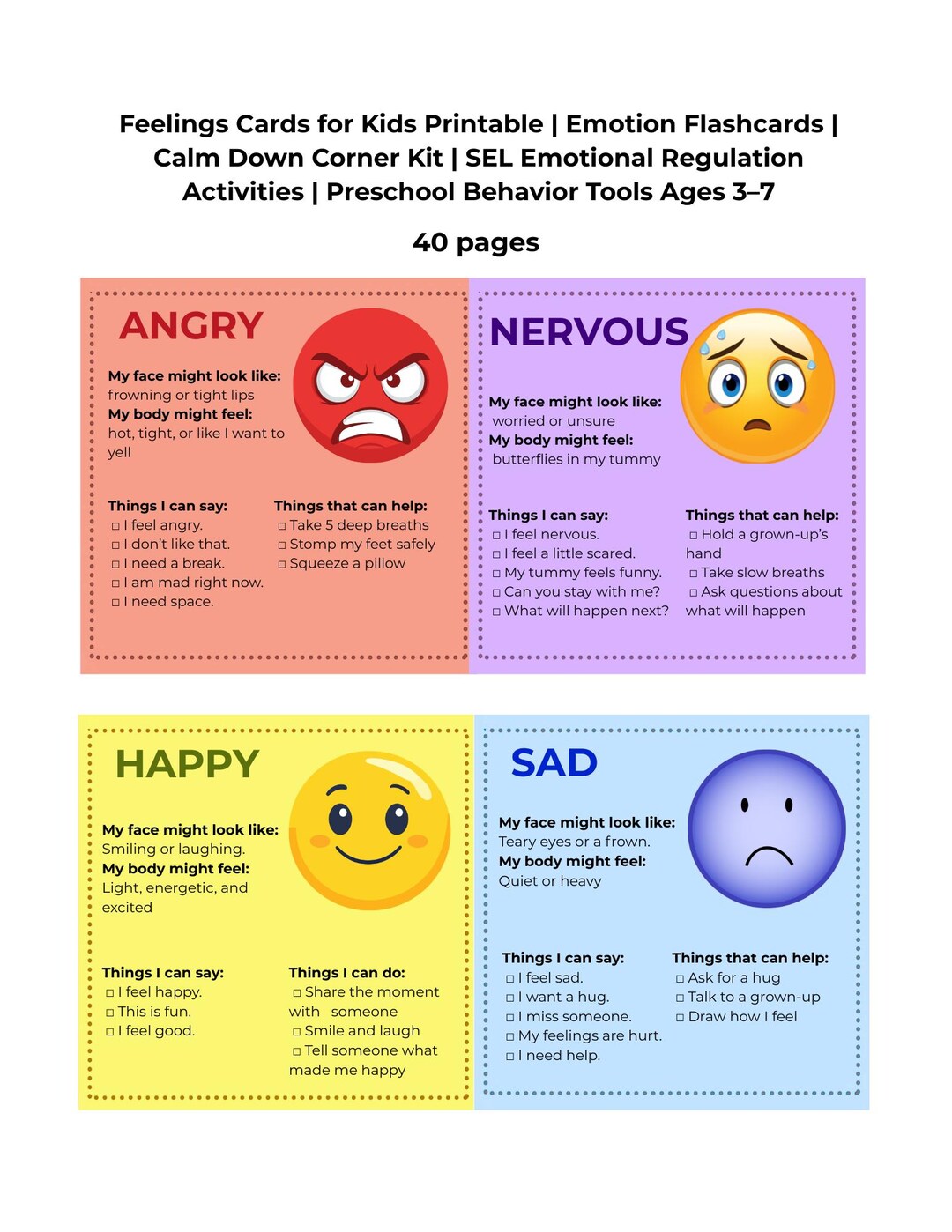 Feelings Cards for Kids Printable | Emotion Flashcards | Calm Down ...