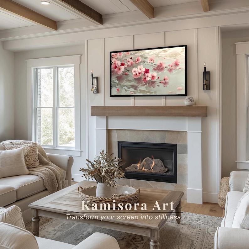 Cherry Blossom Branch Sumi-e Frame TV Art, Calm River Scene (digital ...