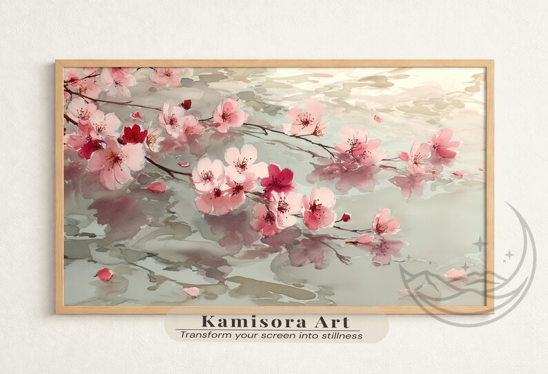 Cherry Blossom Branch Sumi-e Frame TV Art, Calm River Scene (digital ...