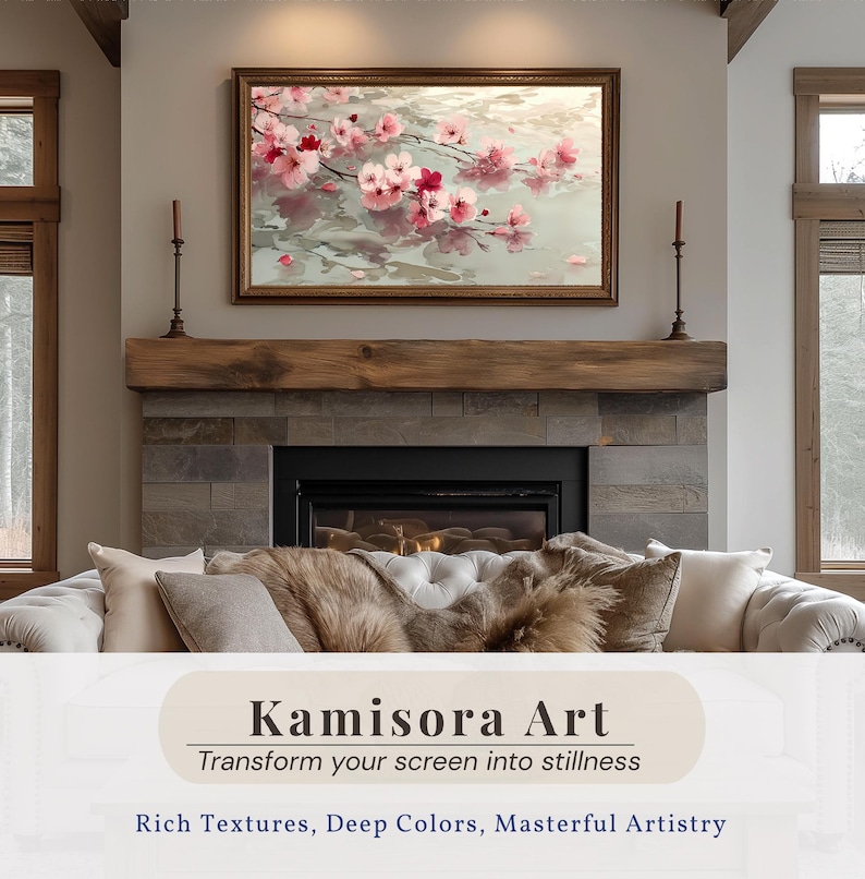 Cherry Blossom Branch Sumi-e Frame TV Art, Calm River Scene (digital ...