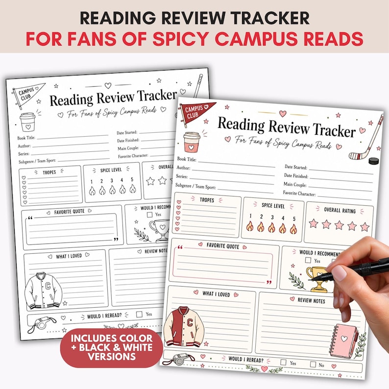 Campus Hockey Romance Reading Review Tracker, Book Journal Page ...