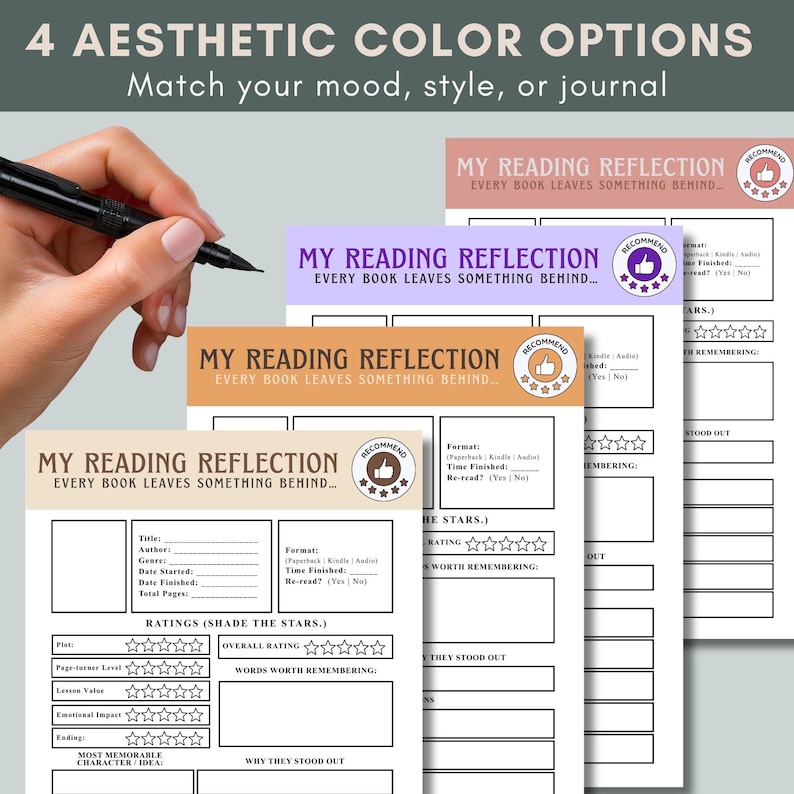 Book Review Printable, Reading Journal Log, Book Tracker PDF (4 Colors ...