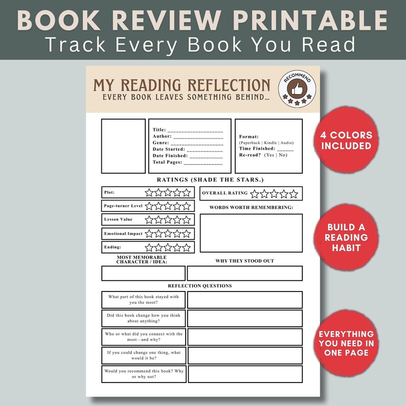 Book Review Printable, Reading Journal Log, Book Tracker PDF (4 Colors ...