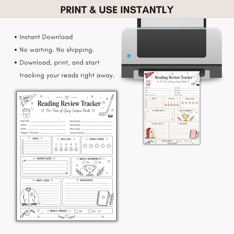 Campus Hockey Romance Reading Review Tracker, Book Journal Page ...