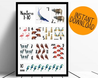 Childrens Number Poster Animal Numbers 1-10 Counting | Etsy