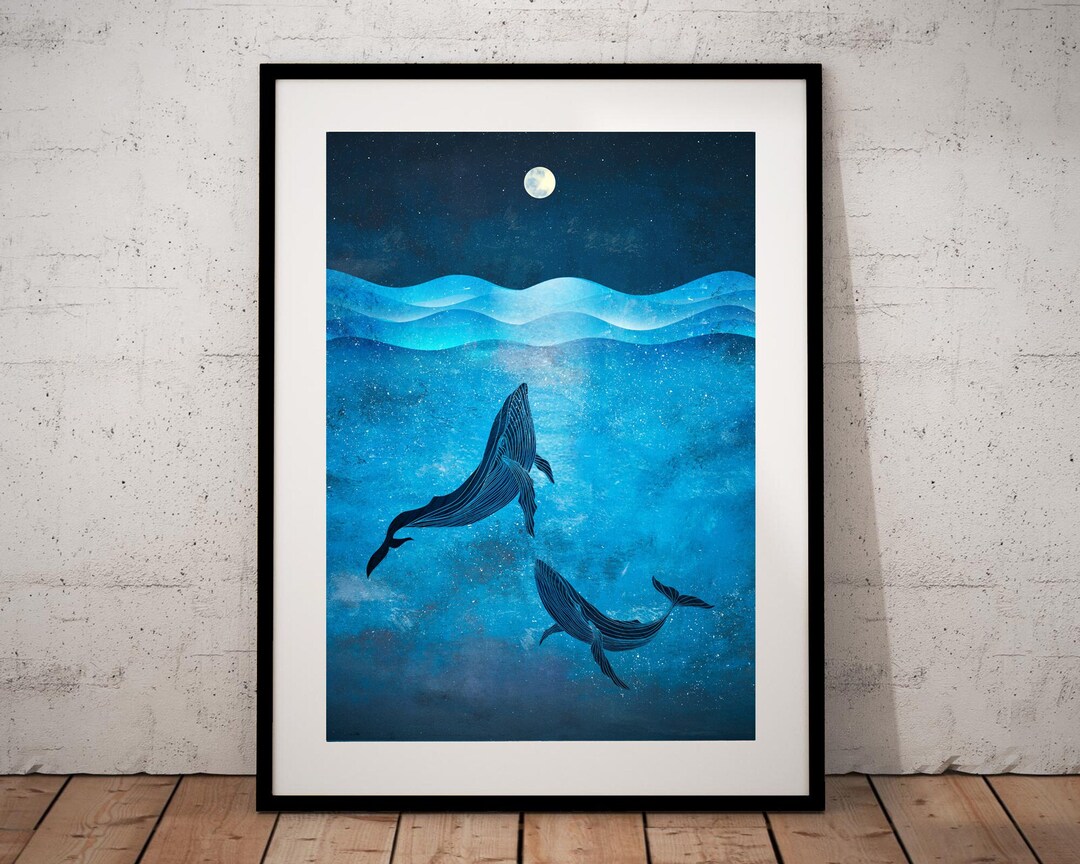 Whale Print, Whale Poster, Night Ocean, Blue Whales, Ocean Wall Art ...