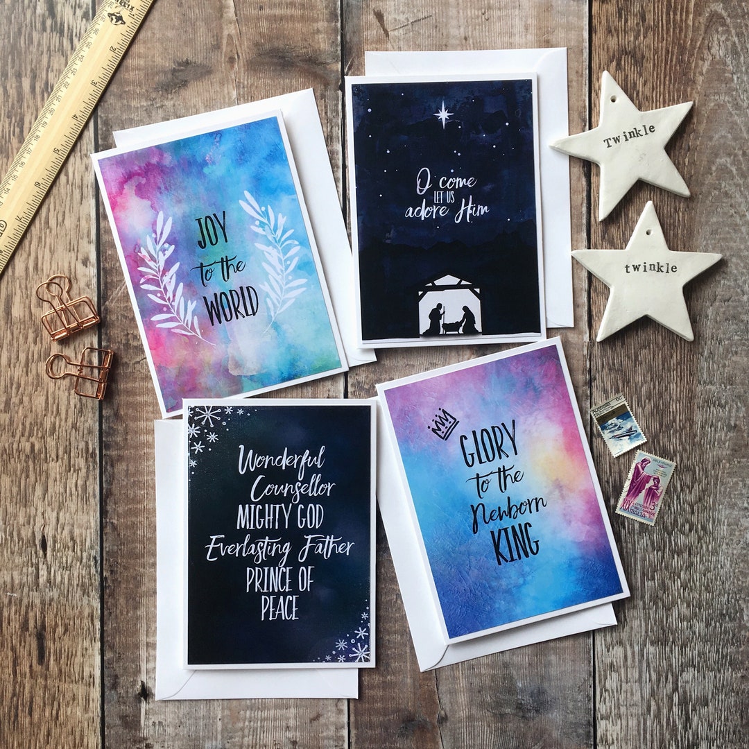 4 Designs, Christmas Card Set, Christian, Watercolour Christmas Cards ...