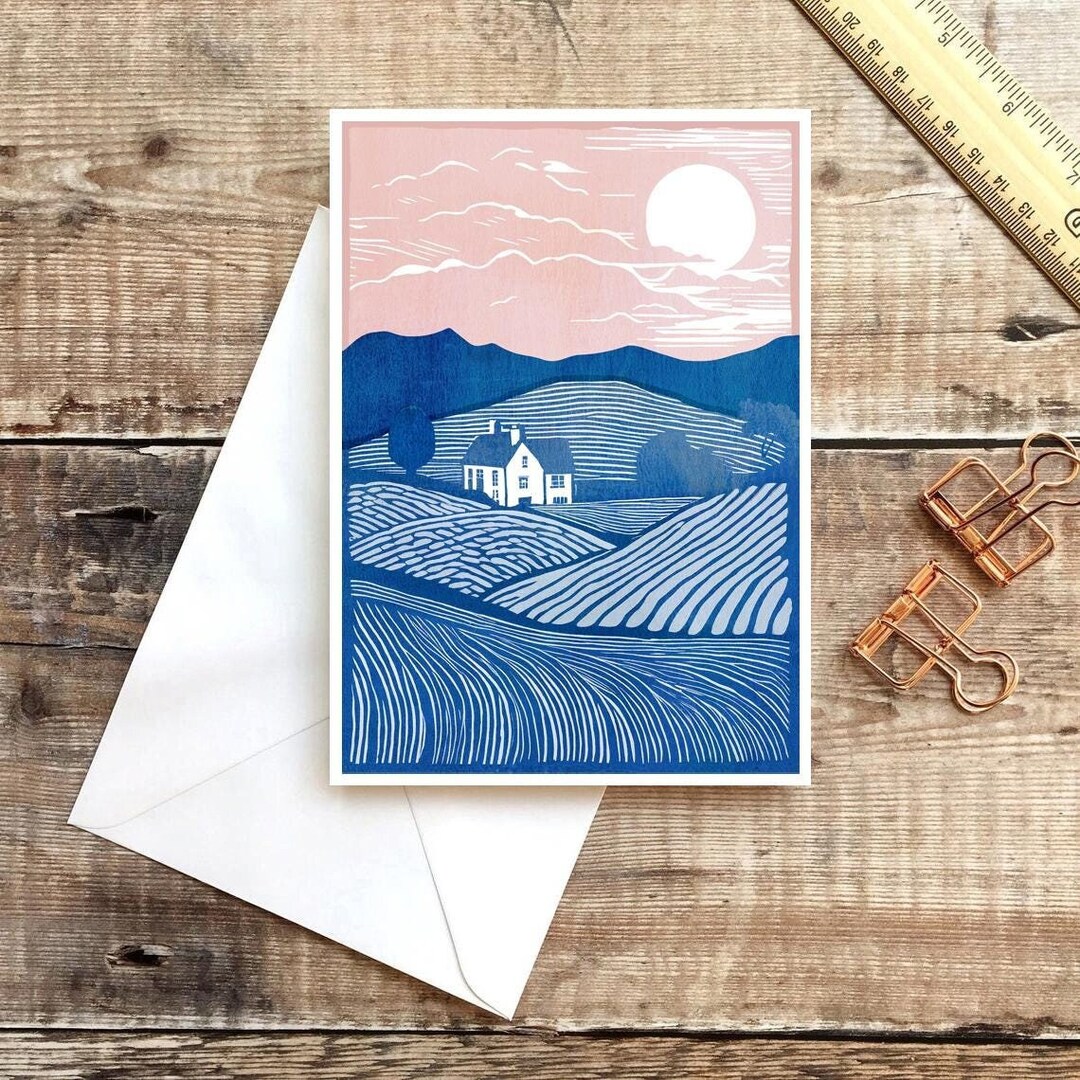 Linocut Print Card, Lino Print Card, Farm Print Card, Fields Card ...