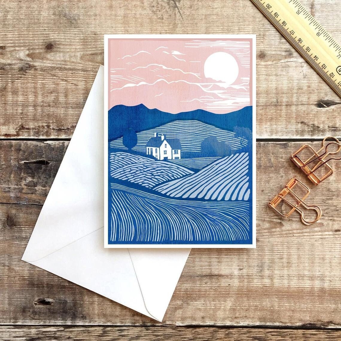 Linocut Print Card, Lino Print Card, Farm Print Card, Fields Card ...