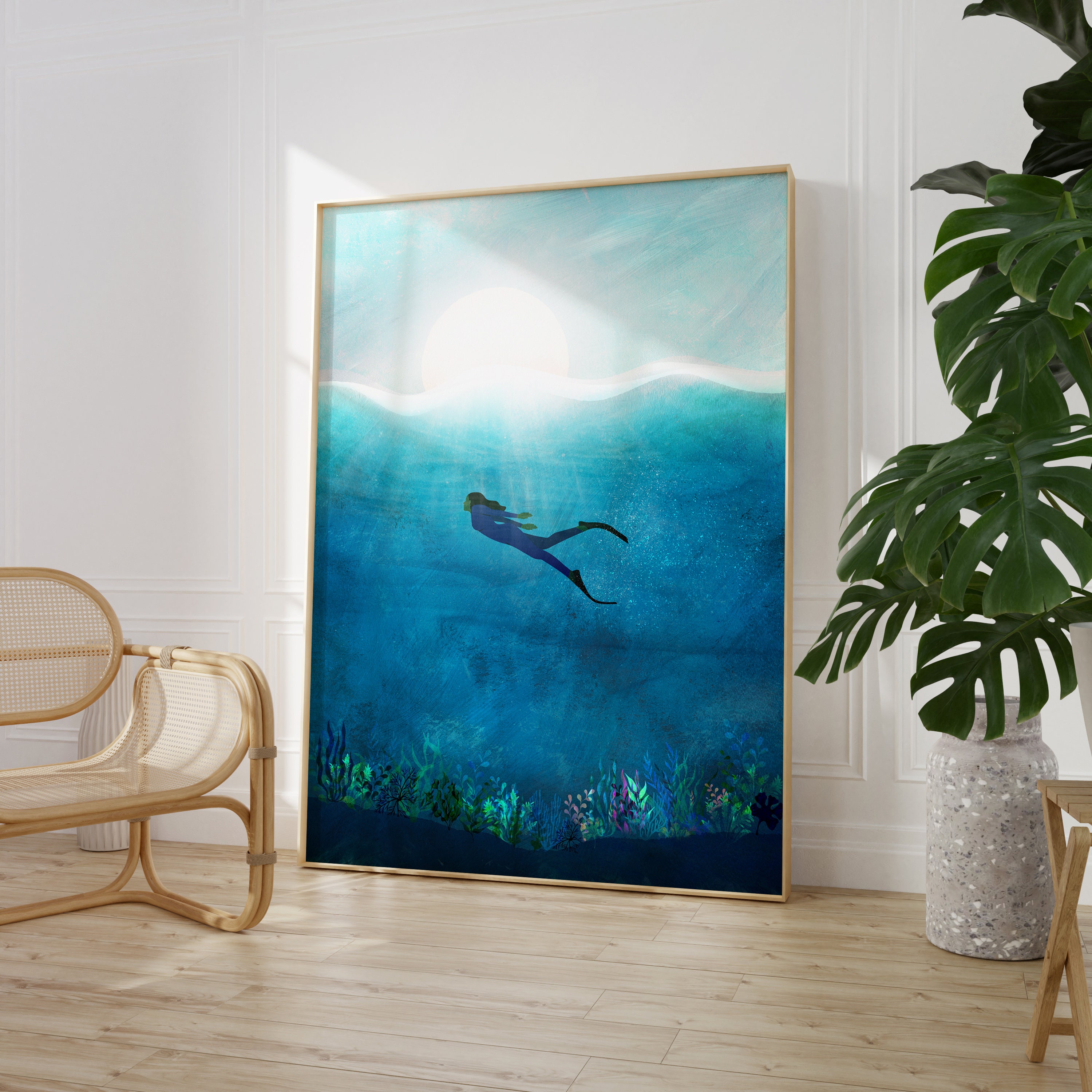 Wild Swimming Print, Free Diving, Ocean Print, Ocean Wall Art ...