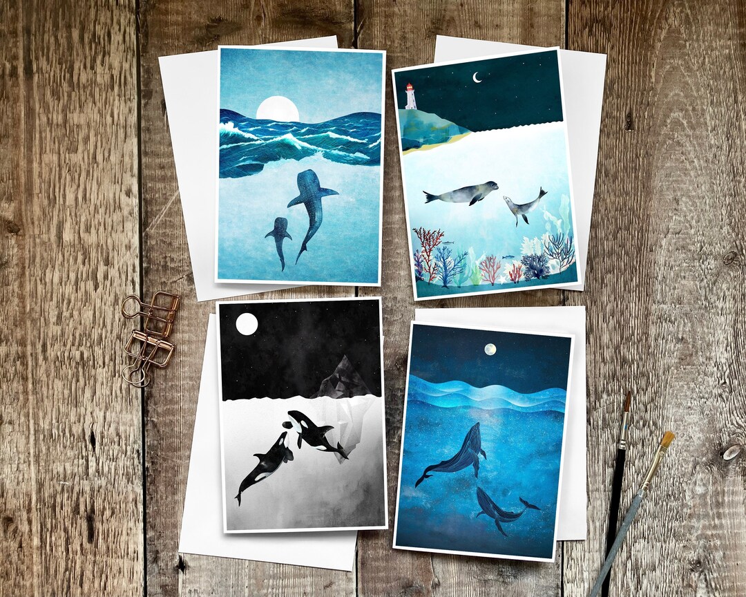 Set of 4 Ocean Cards, Sea Life Card Set, Swimming Card, Whales Card ...