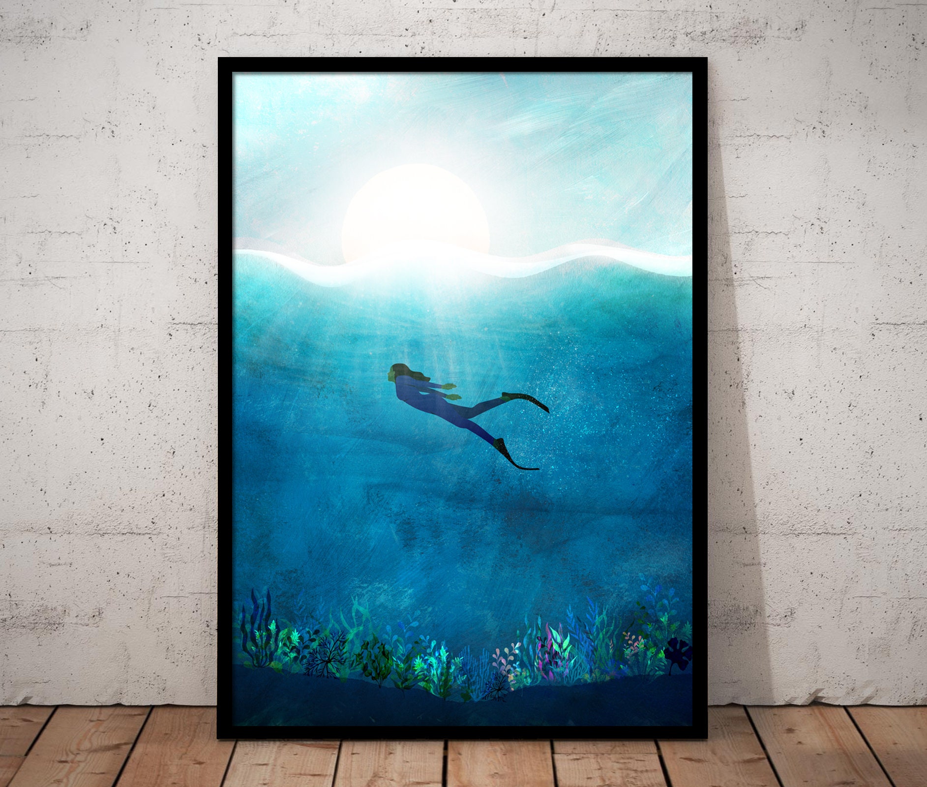 Wild Swimming Print, Free Diving, Ocean Print, Ocean Wall Art ...