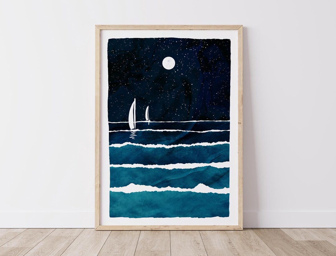Boat Print, Ocean Print, Beach Poster, Night Ocean, Ocean Wall Art ...