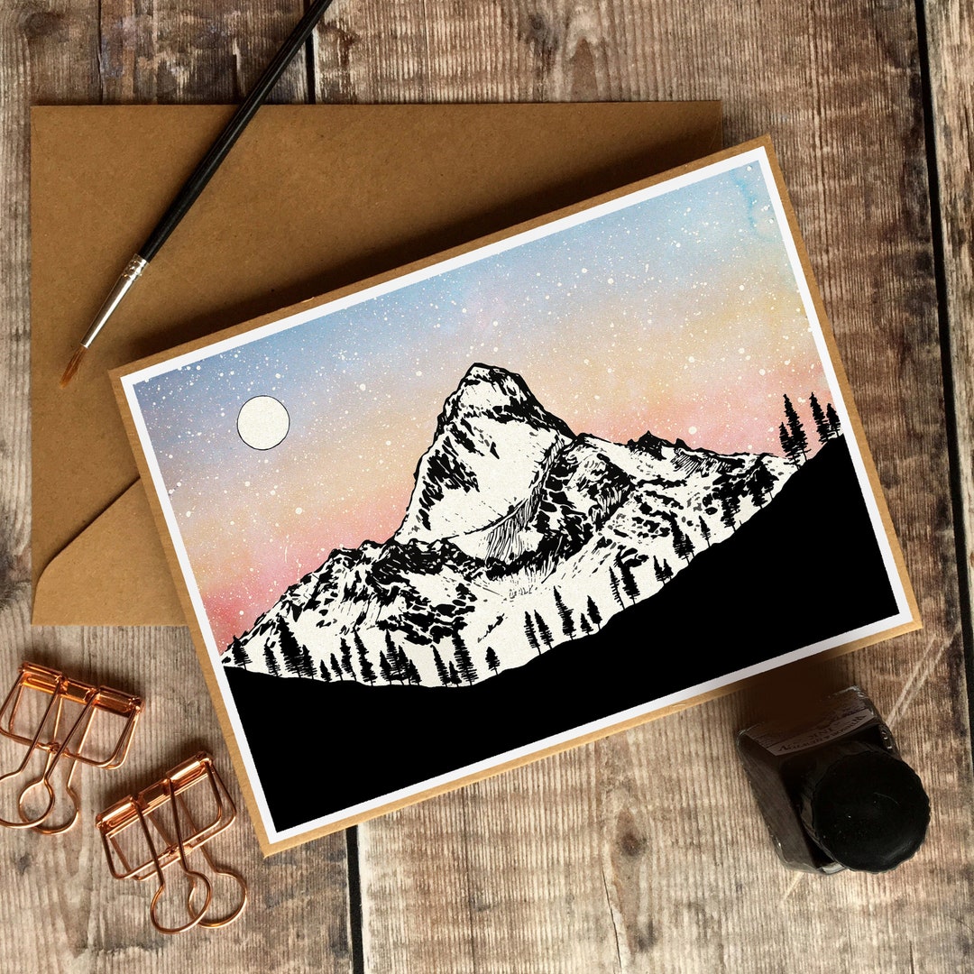 Mountain Card, Illustrated Mountain Scene, Traditional Card, Christmas ...