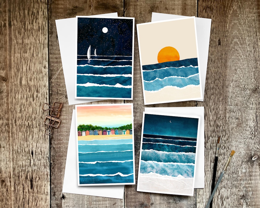 Set of 4 Waves Cards, Beach Waves, Sea Swimming Card, Ocean Card, Blank ...