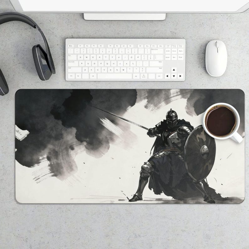 Medieval Knight Mouse Pad – Monochrome Ink Wash Warrior Art Desk Mat - Etsy