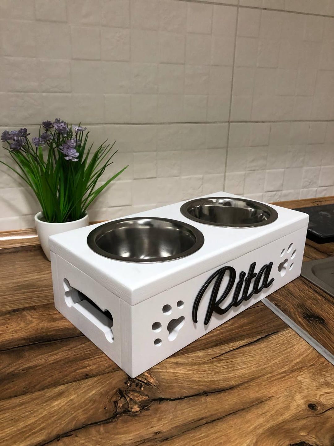 Custom Ash Wood Pet Bowl Stand, Personalized Dog Feeder, Modern Pet ...
