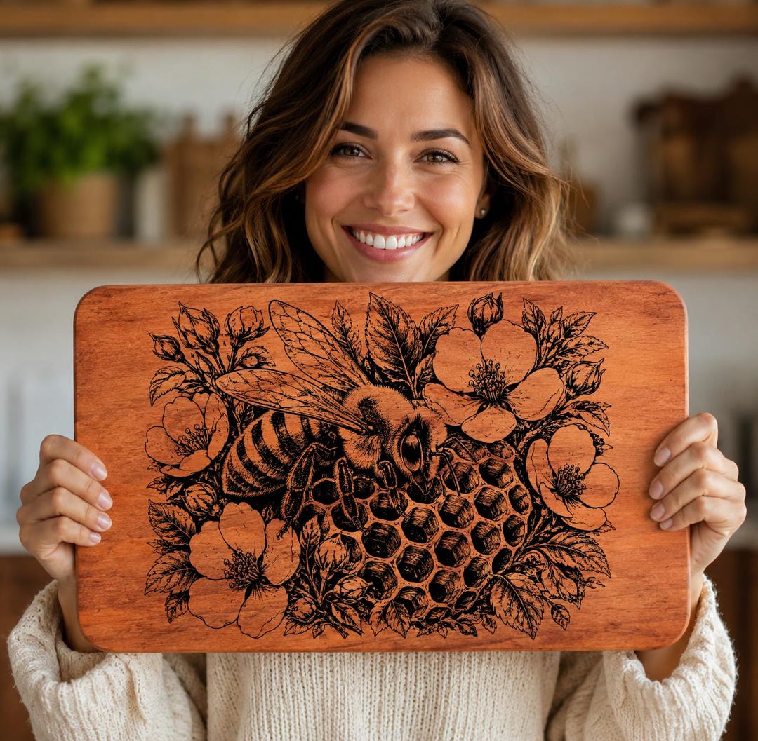 Bee Honeycomb SVG for Laser Engraving, Floral Cutting Board SVG Design ...