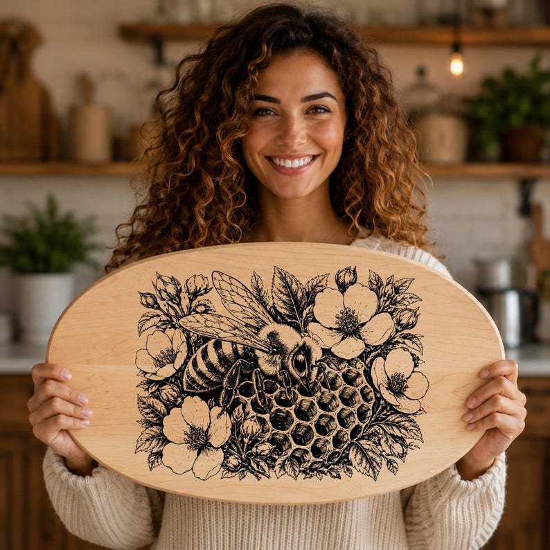 Bee Honeycomb SVG for Laser Engraving, Floral Cutting Board SVG Design ...