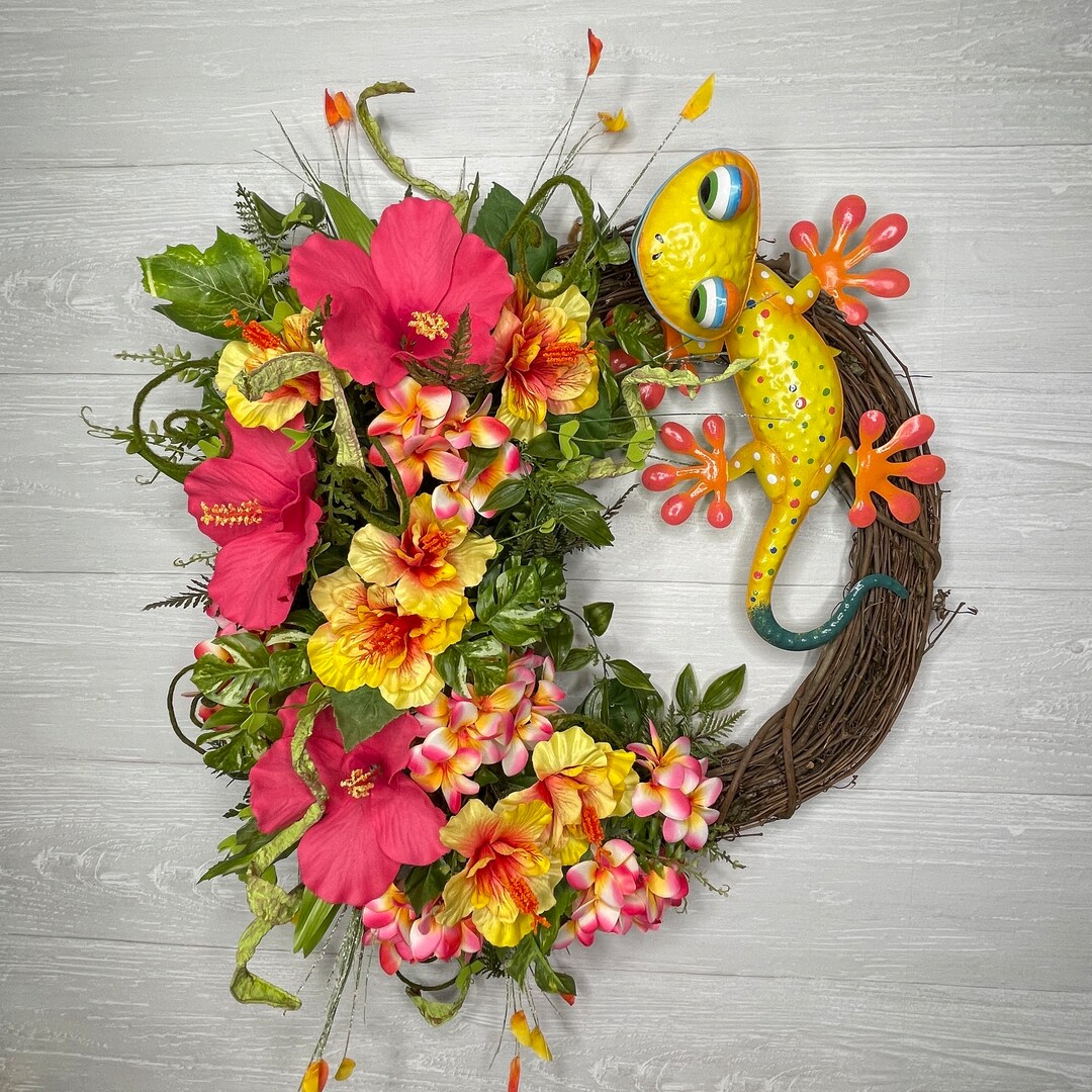 Tropical Island Wreath for Front Door, Pink Hibiscus Wreath, Hawaiian ...