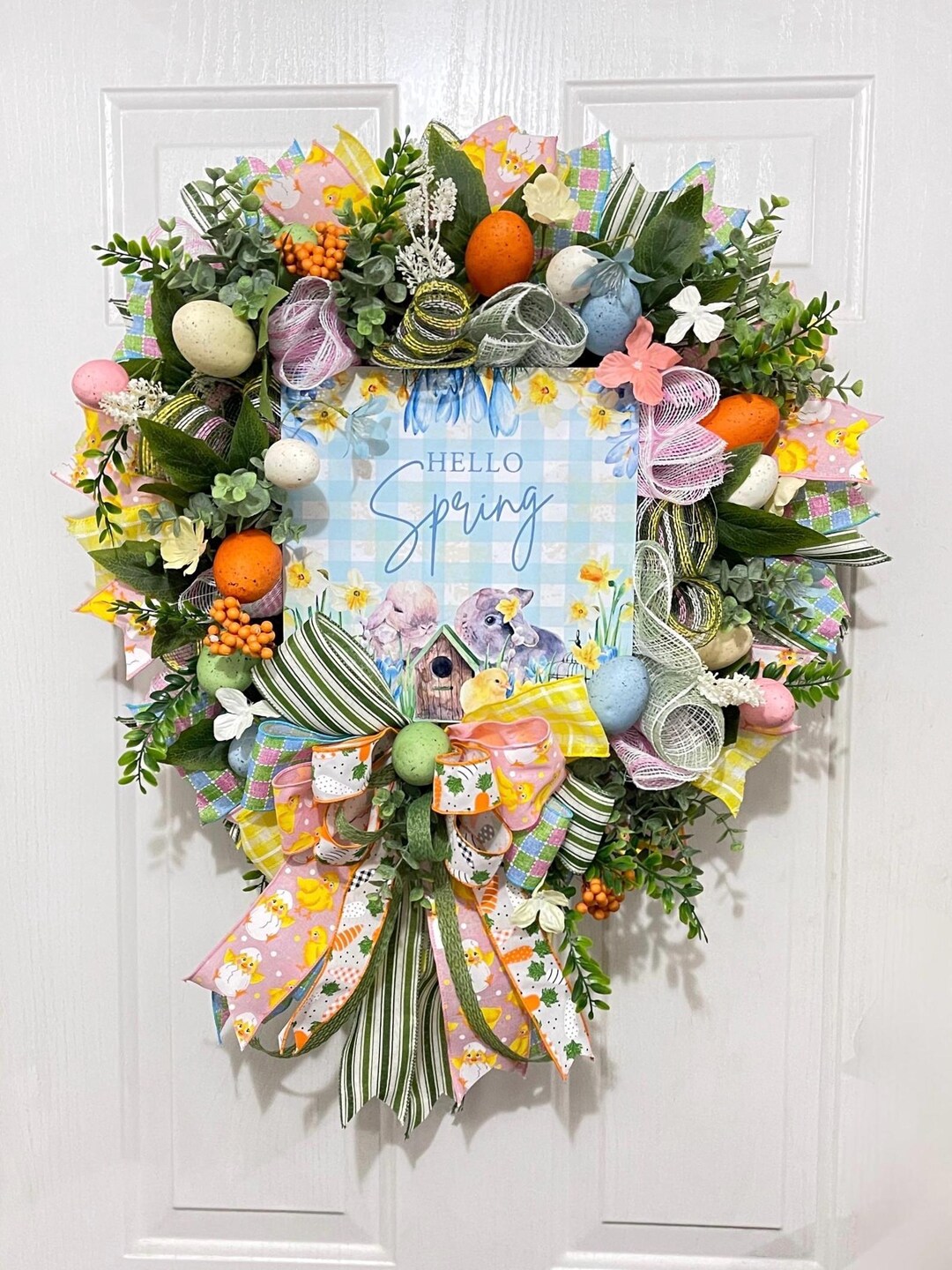 Spring Wreath for Front Door, Easter Egg Decorations, Baby Chick Door ...