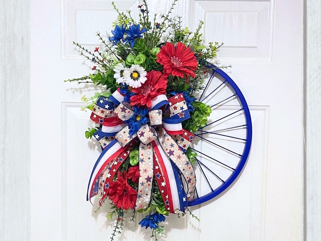 Americana Wreath for Front Door, Patriotic Bicycle Wheel Gift, Memorial ...