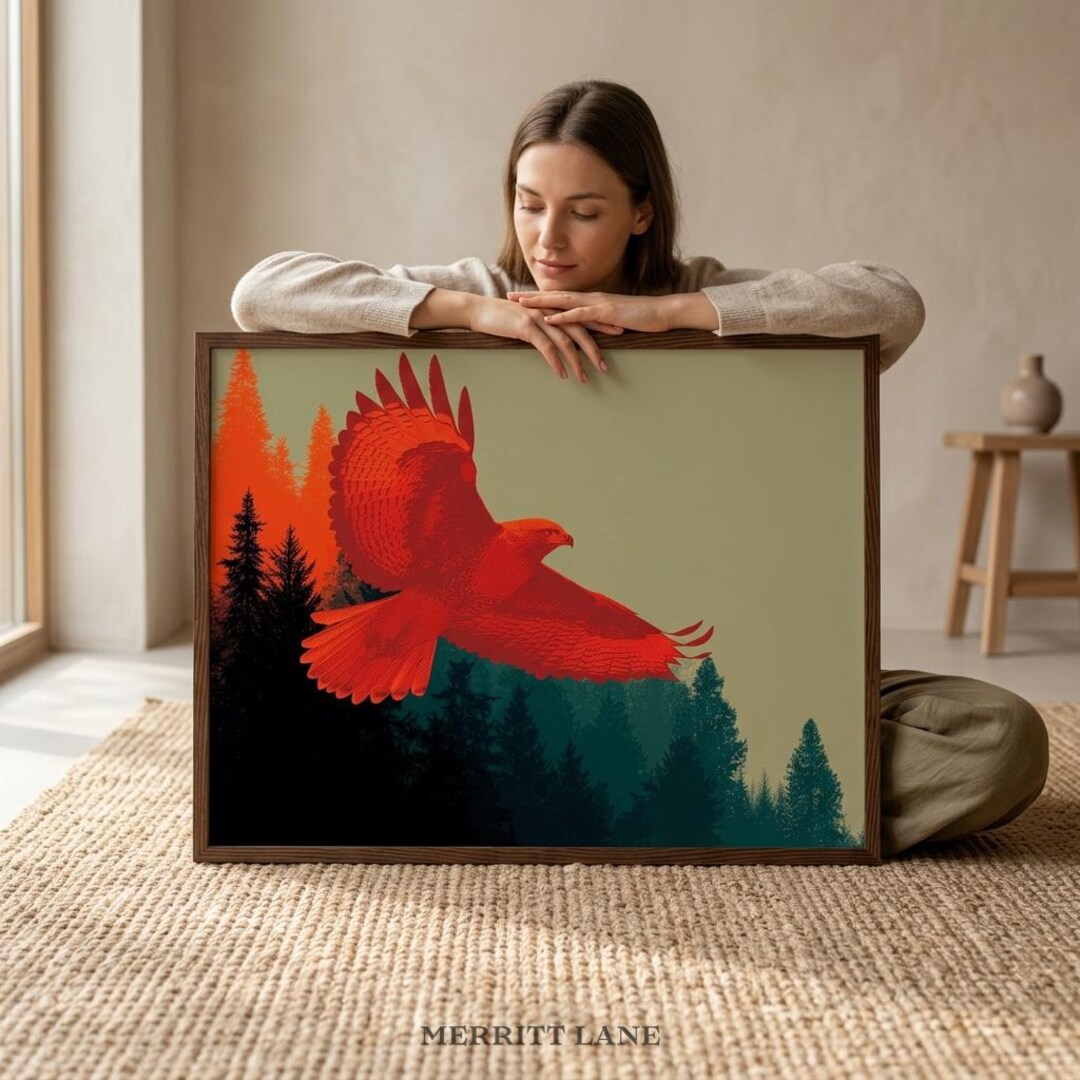 Red Hawk in Flight Over Pine Forest, Raptor Wildlife Bird Poster, Bold ...