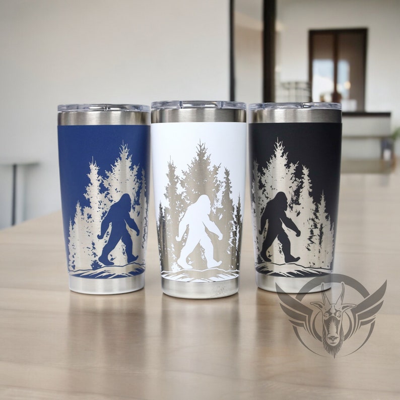 Laser Engraved Sasquatch in the Trees Graphic on a 20oz Stainless Steel ...