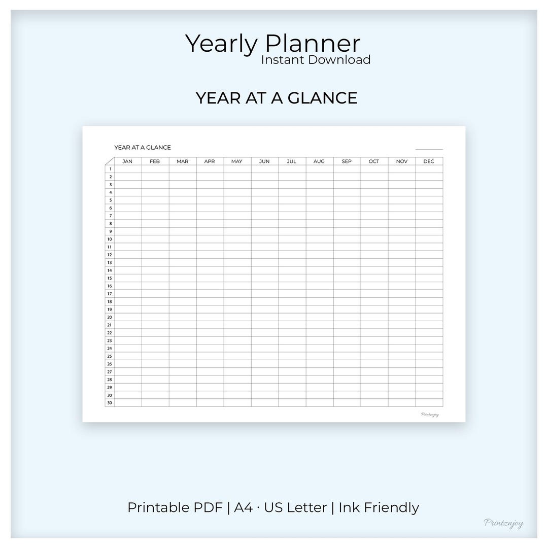 Year at a Glance Printable Planner | Minimalist Annual Overview ...
