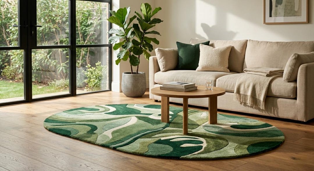 Green Abstract Oval Wool Rug, Hand Tufted Botanical Leaf Carpet - Etsy