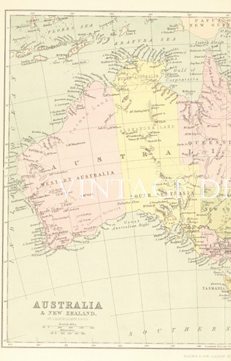 Antique Map of Australia and New Zealand, Circa 1890, Showing the Towns ...