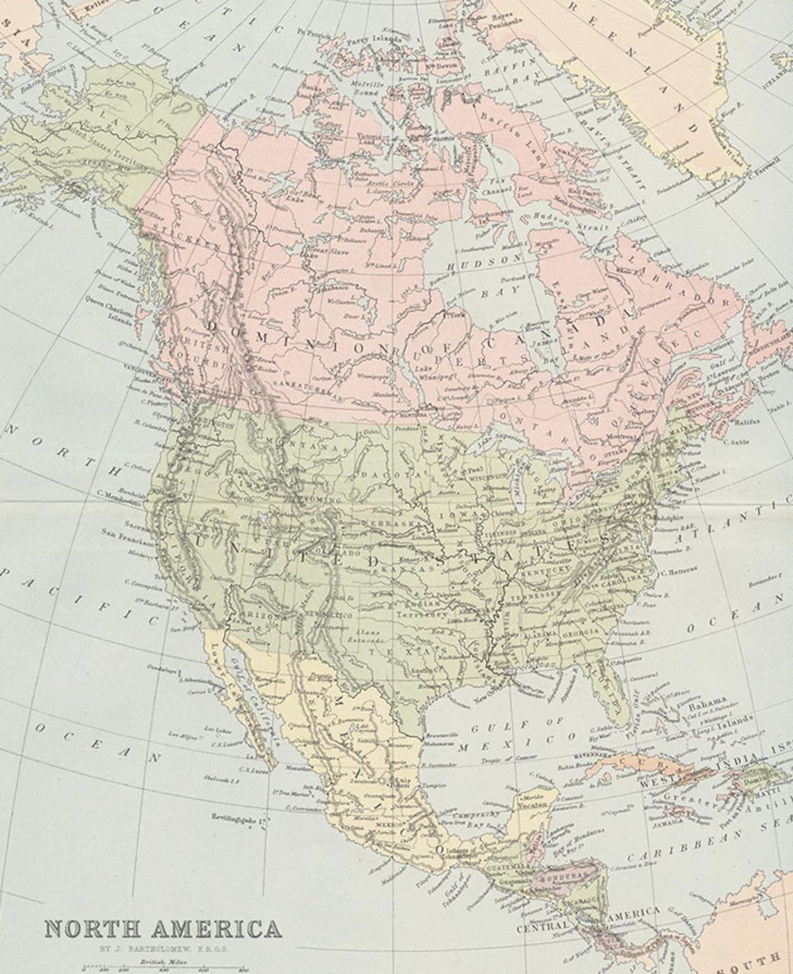 Antique Map of North America, Circa 1890, Showing the United States ...