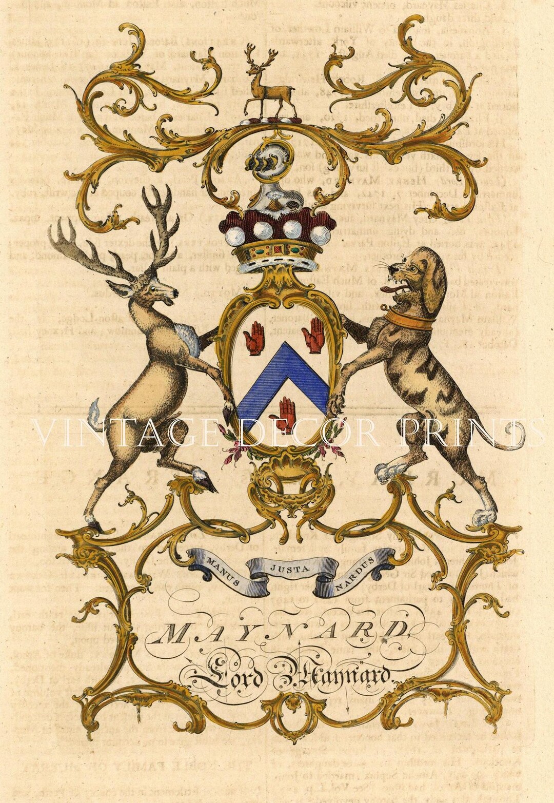 Maynard Original 250 Year Old 1766-1769 Coat of Arms Heraldry Engraving ...