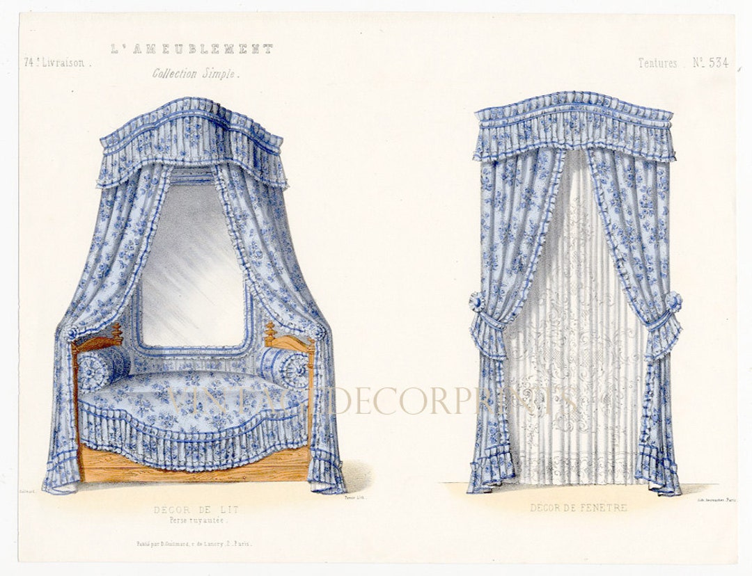 Interior Design Print of a Bed Chamber and Drapes. Guilmard Paris C1866 ...