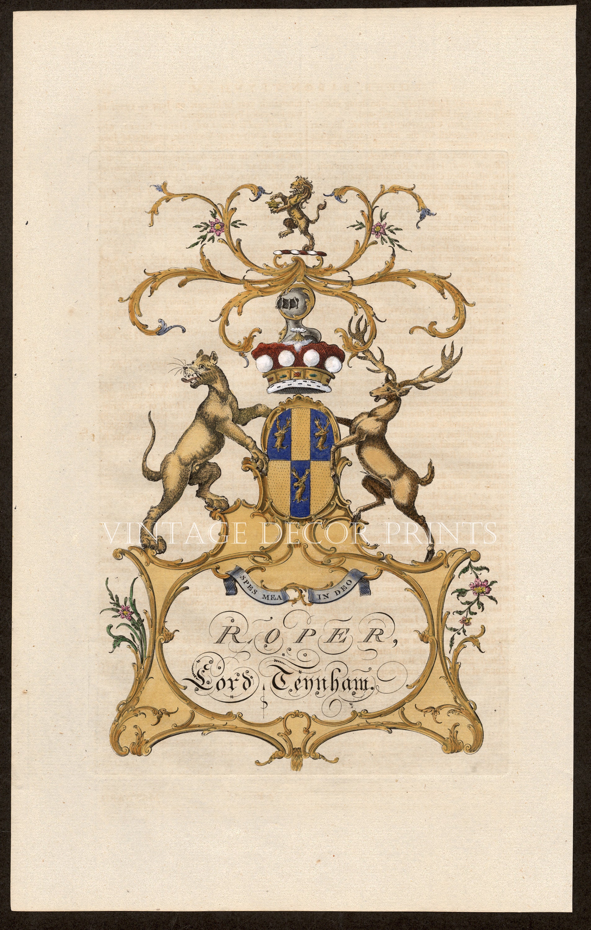 Prints Genuine 1700's Heraldry Engraving Lord Teynham Accurately Hand ...