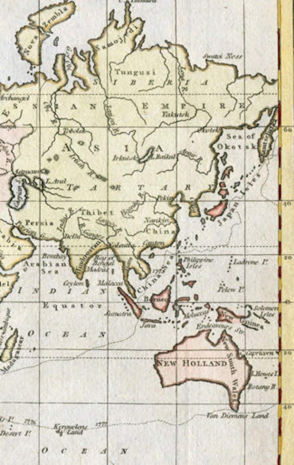 Map of the World Antique Map Circa 1787. Retirement Gift for Man. Hand ...