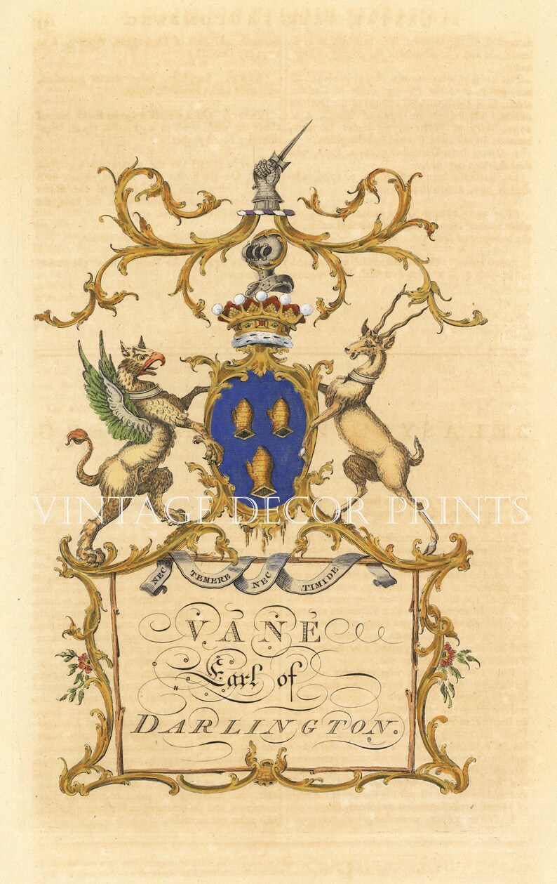 Vane Original 250 Year Old 1766-1769 Coat of Arms Heraldry Engraving ...