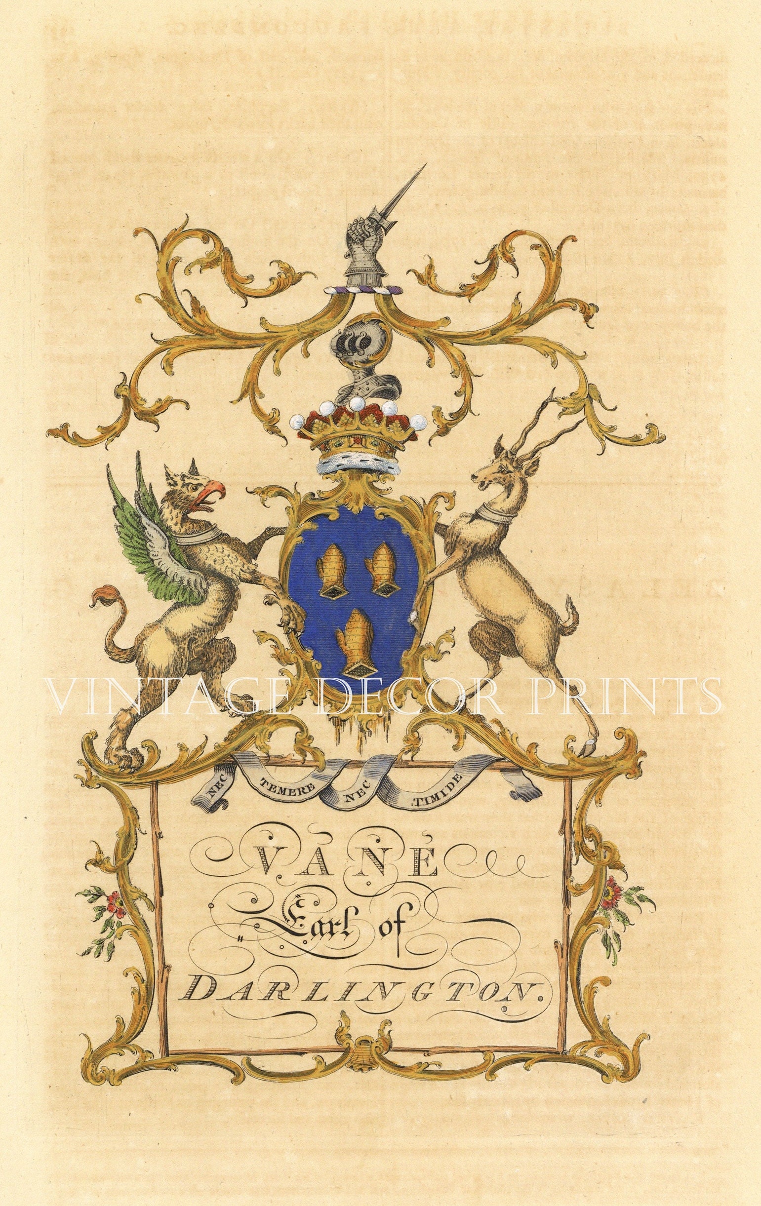 Vane Original 250 Year Old 1766-1769 Coat of Arms Heraldry Engraving ...