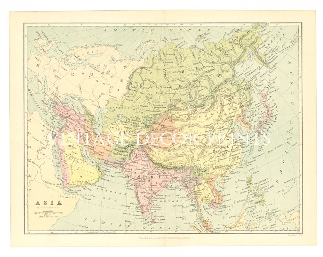 Antique Map of Asia, Circa 1890, Showing Countries, Towns and Districts ...