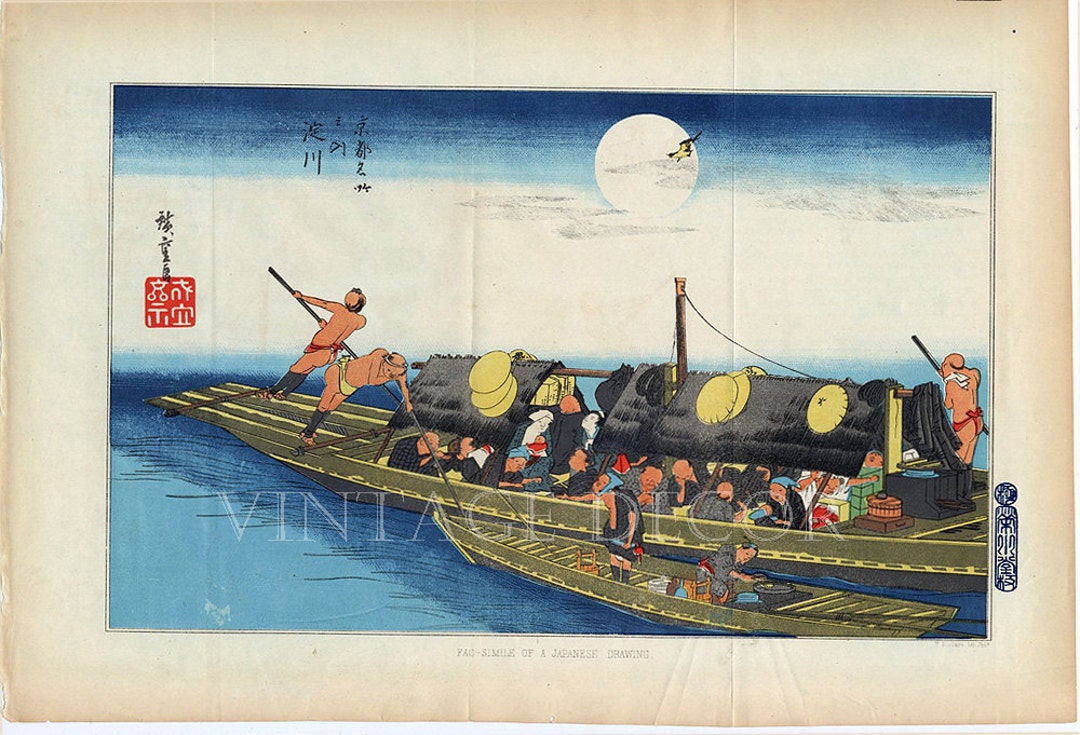 1856 Print of Japan on a River in a Boat Antique Colour Lithograph From ...