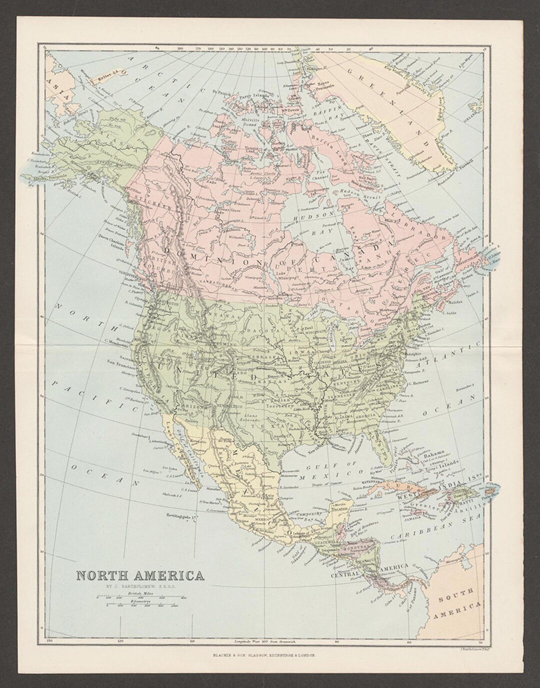 Antique Map of North America, Circa 1890, Showing the United States ...