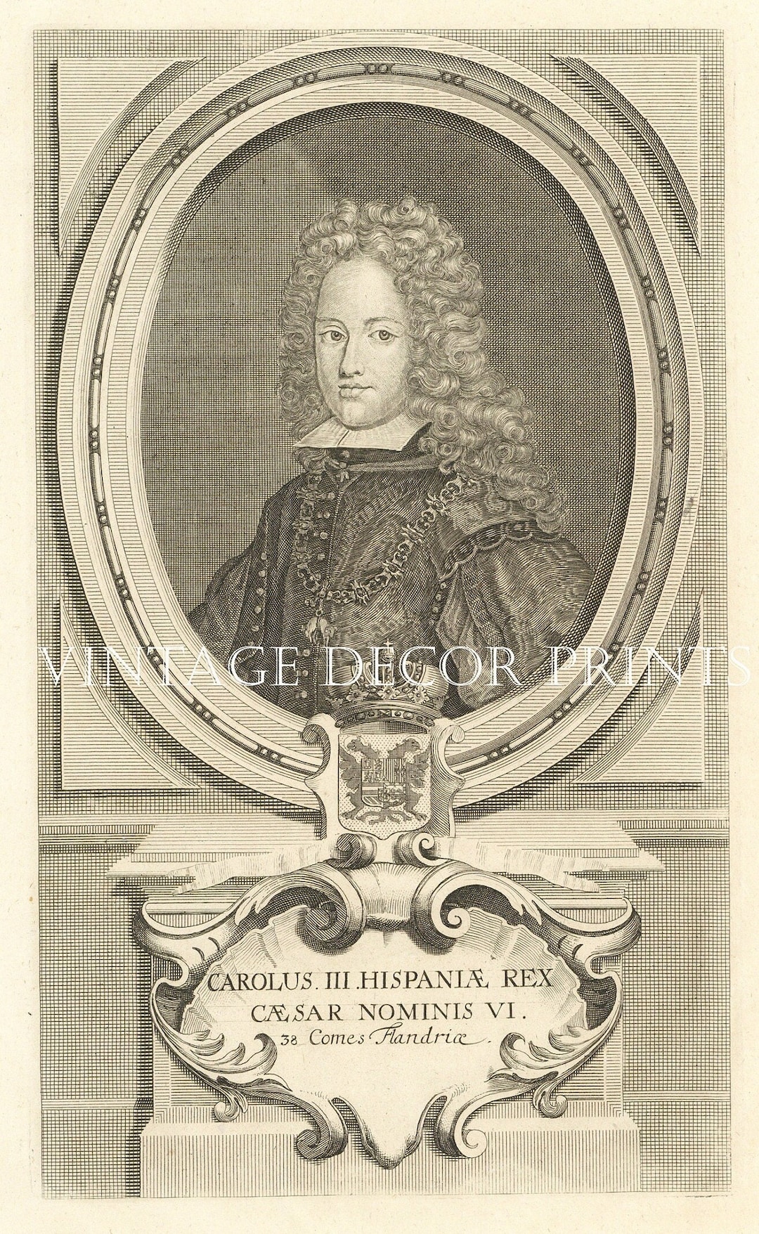 Historical Portrait of Carolus III Hispaniæ Rex Original 1735 Engraving ...